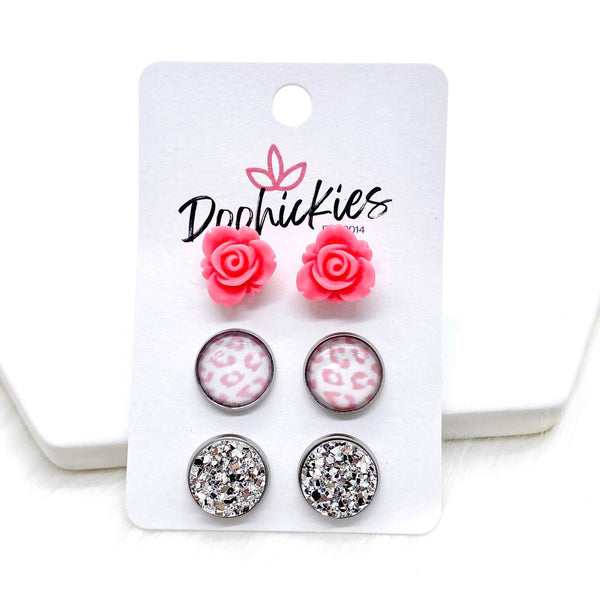12mm Hot Pink Roses/Pastel Pink Leopard/Silver in Stainless Steel Sett ...