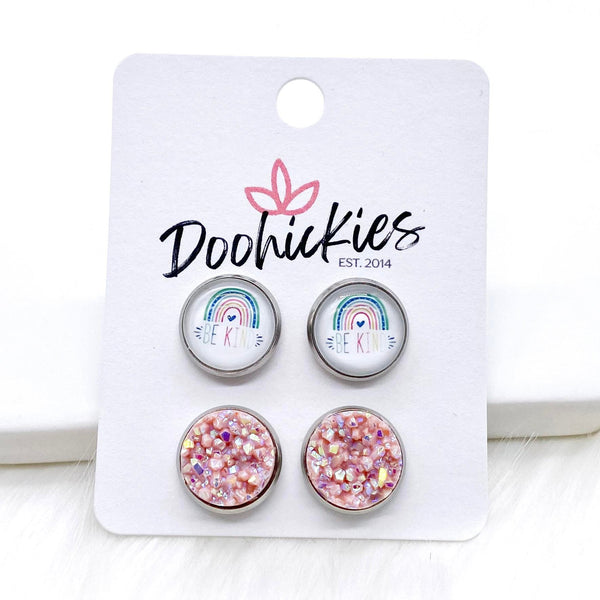 12mm Pastel Rainbow Be Kind & Blush Shimmer in Stainless Steel Setting ...